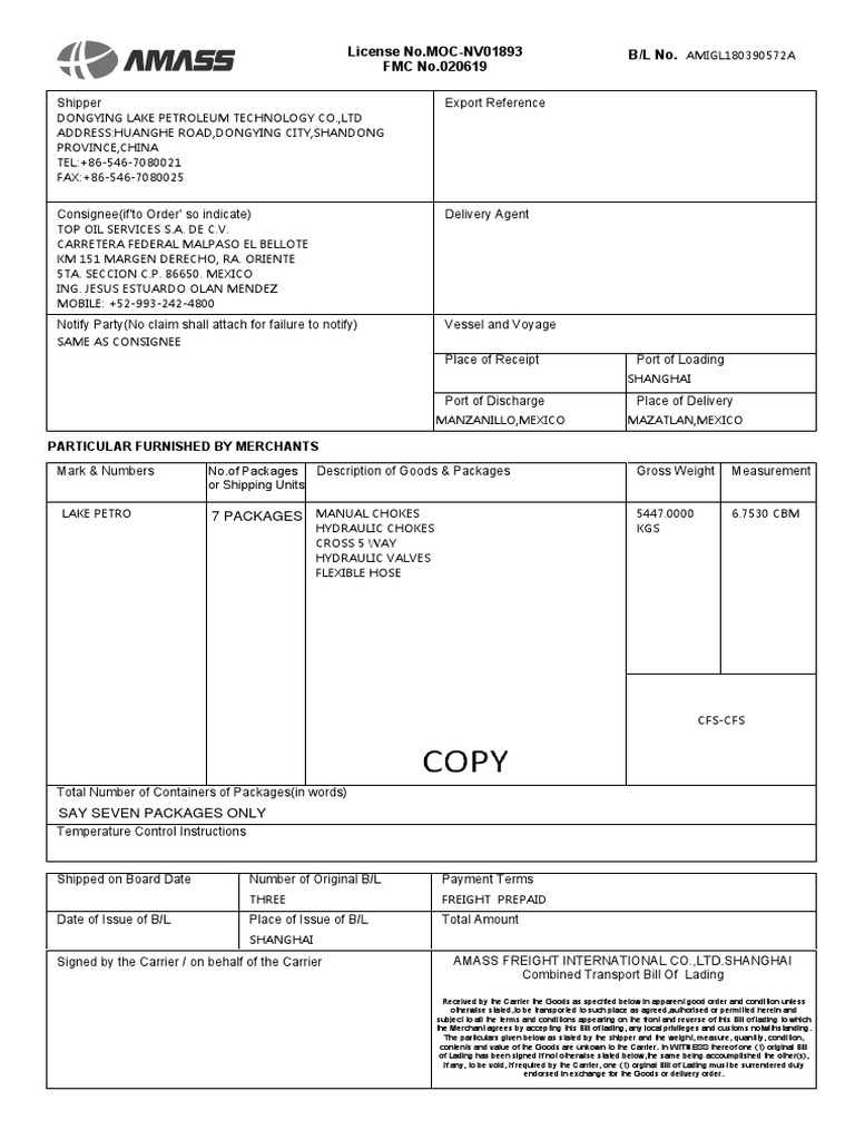 BL Draft | Bill Of Lading | Cargo