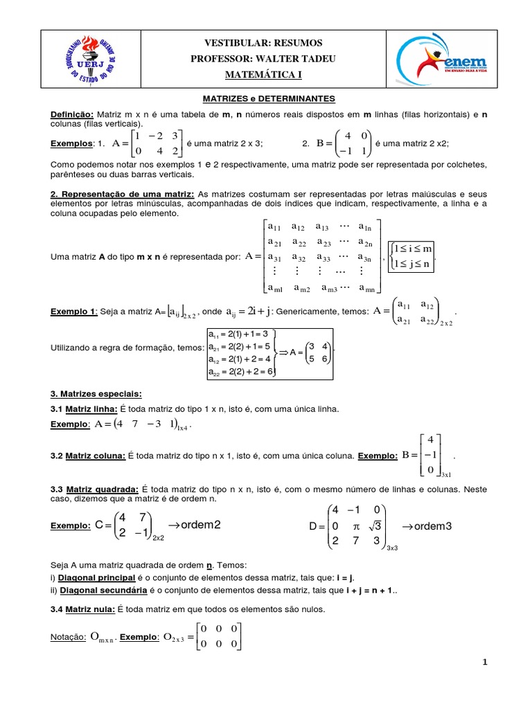 Resumo - Matrizes e Determinantes.pdf | Determinante | Matriz (Matemática)
