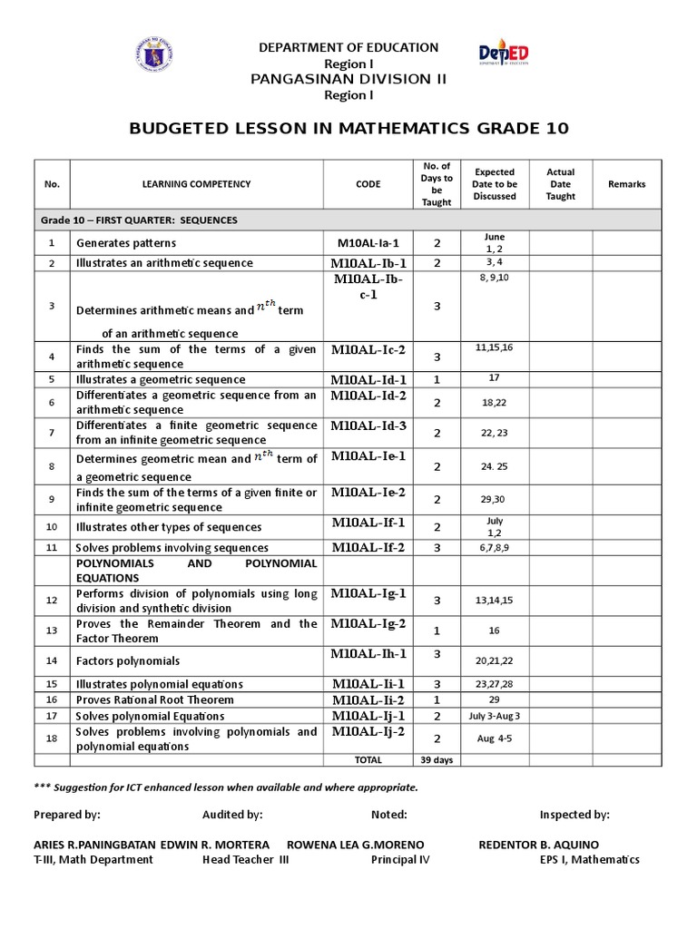 Budgeted Lesson in Mathematics Grade 10: M10AL-Ia-1 | PDF | Polynomial ...