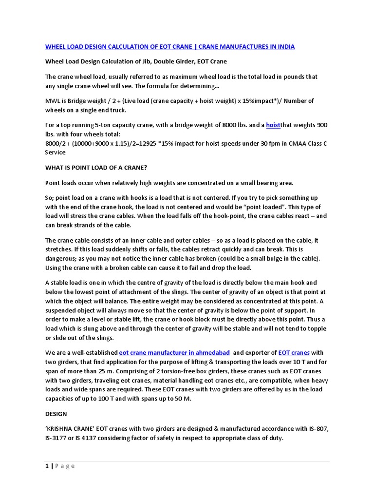 Wheel Load Design Calculation of Eot Crane | PDF | Crane (Machine) | Manufactured Goods