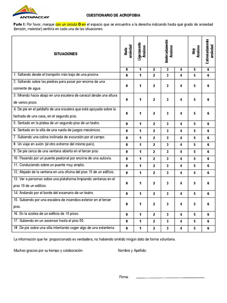 Cuestionario de Acrofobia | PDF | Violencia | Agitación
