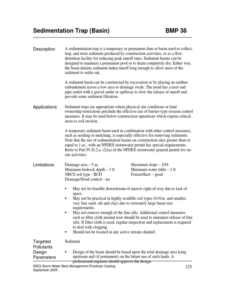 Sedimentation Trap (Basin) BMP 38: Description | PDF | Drainage Basin ...