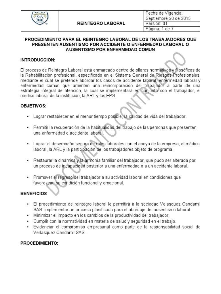 PROCEDIMIENTO REINTEGRO LABORAL V1.pdf | Bienestar | Prueba gratuita de 30 días | Scribd
