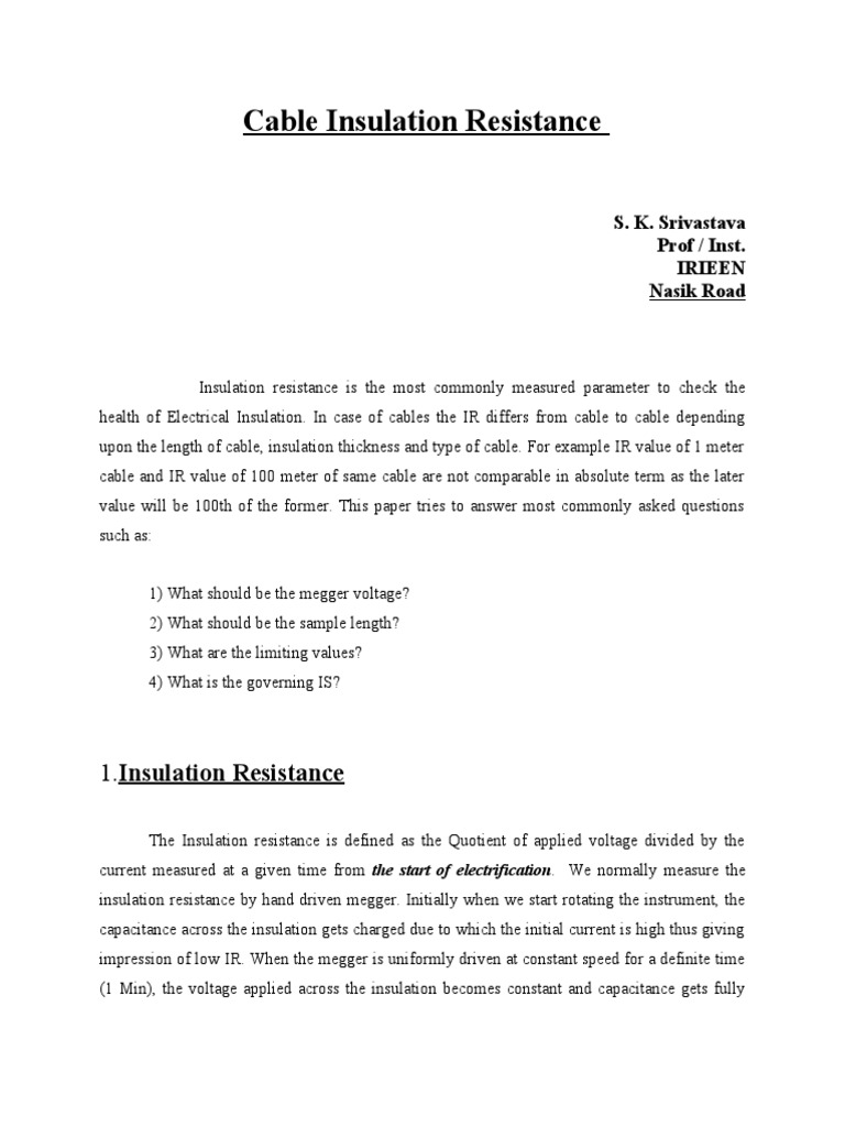 Cable Insulation Resistance Standards | PDF | Electrical Resistance And ...
