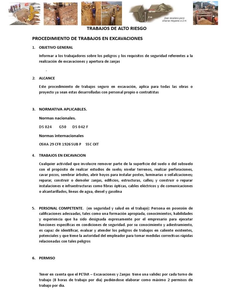 Procedimiento de seguridad para trabajos en excavaciones y zanjas | PDF ...