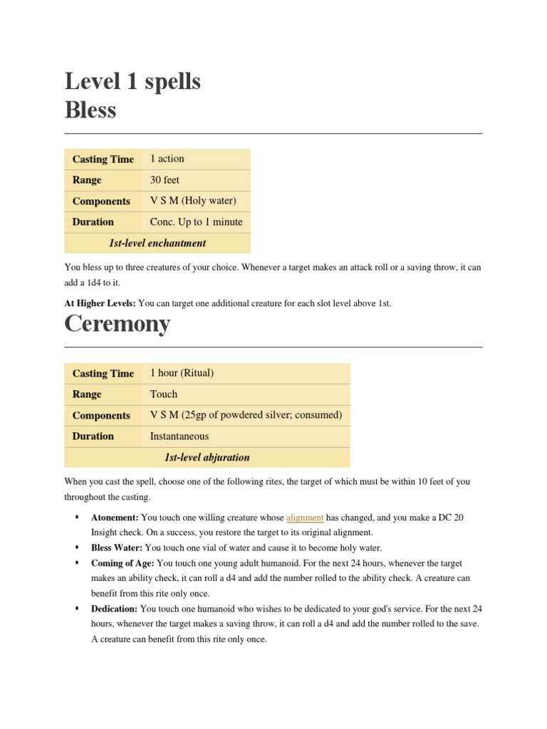 Level 1 Spells Bless: Casting Time Range Components Duration | Download Free PDF | Nature