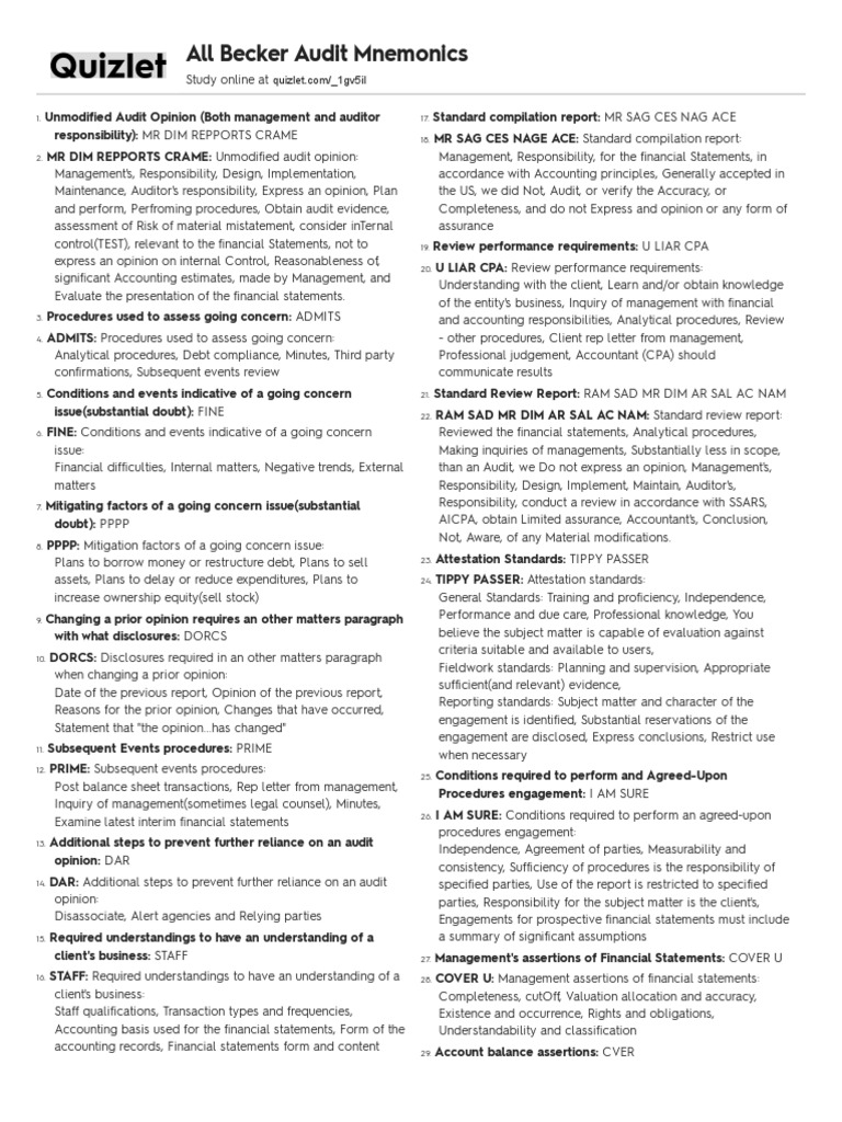 Becker Audit Mnemonics: A Comprehensive Guide | PDF | Going Concern ...