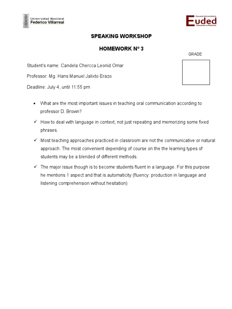 Speaking Workshop Homework #3: Grade | PDF