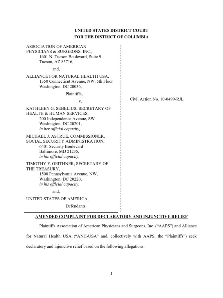 AAPS v. Sebelius, Amended Complaint For Declaratory and Injunctive ...