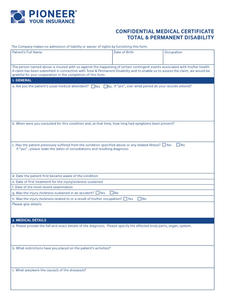 Confidential Total Disability Certificate | PDF | Insurance | Reinsurance