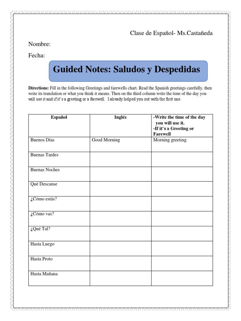 Guided Notes Unit Saludos Y Despedidas | PDF | Communication | Human ...