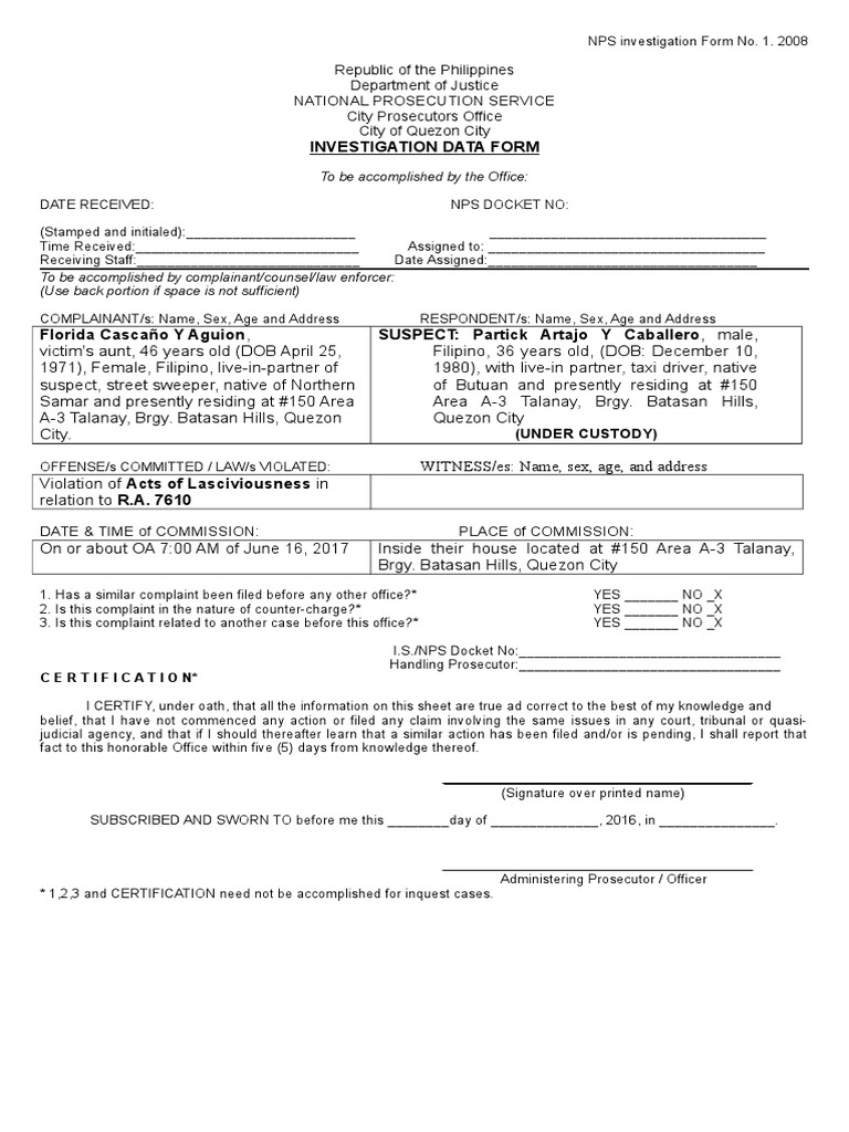 Investigation Data Form | PDF | Prosecutor | Complaint