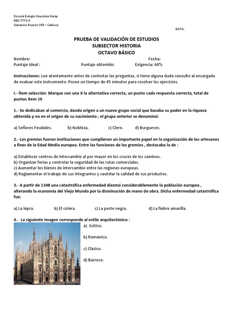 Prueba Validación de Estudios Octavo Básico | PDF | Era de iluminacion | Derechos humanos