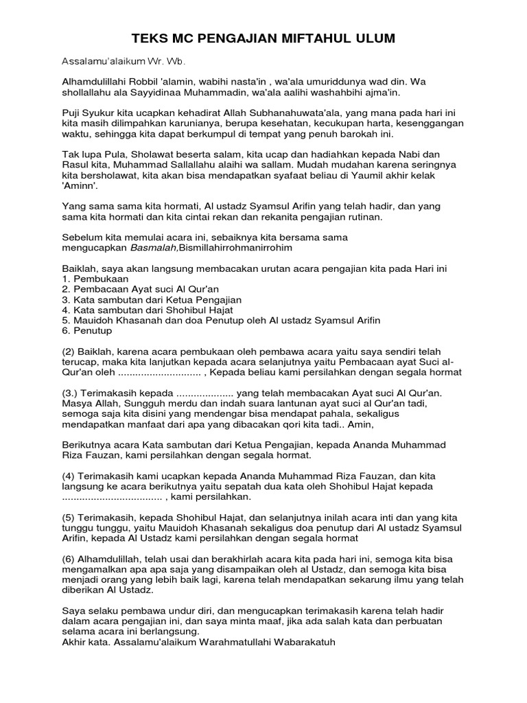 Teks MC Pengajian Miftahul Ulum | PDF