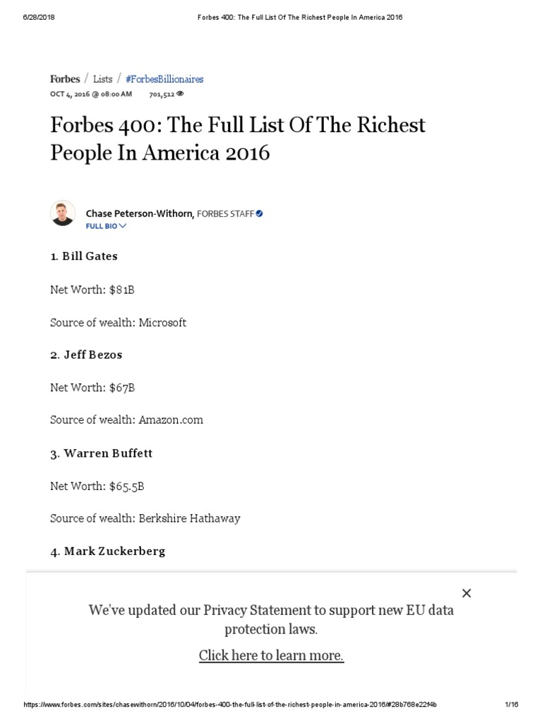 Forbes 400 - The Full List of The Richest People in America 2016 | PDF ...