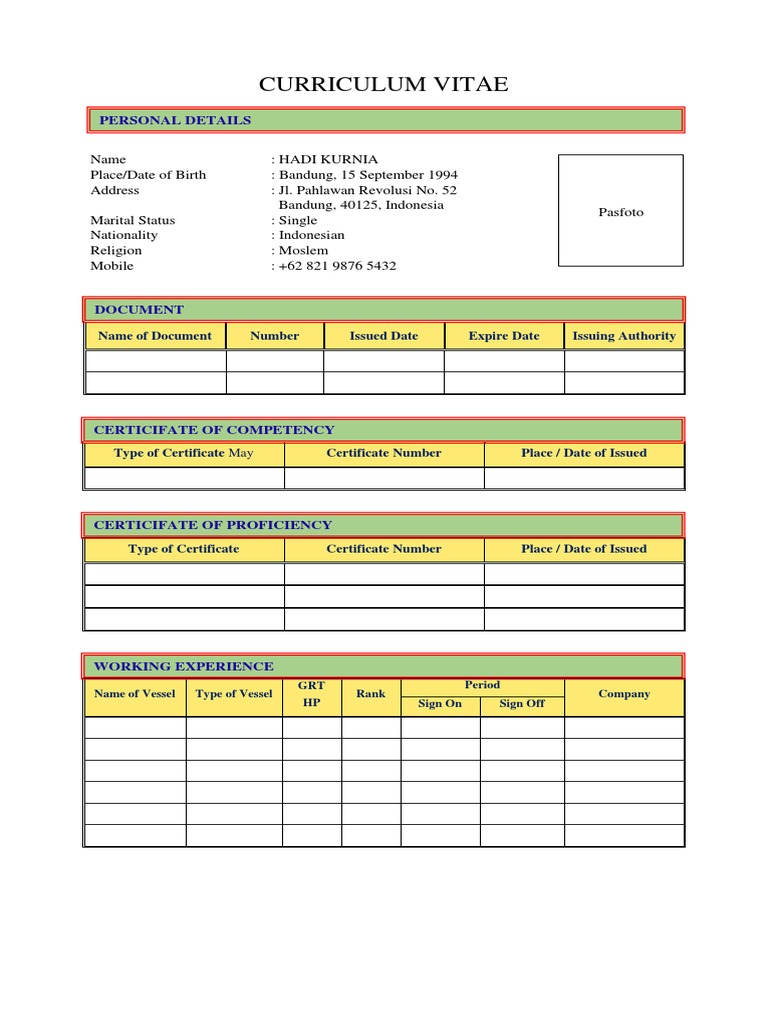 Contoh CV Pelaut | PDF
