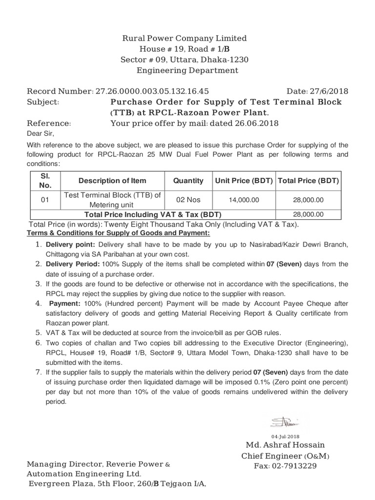 Sl. No. Description of Item Quantity Unit Price (BDT) Total Price (BDT) | Download Free PDF ...