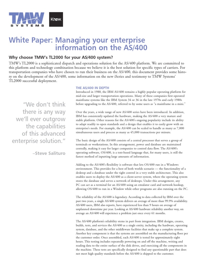 TL2000 AS400 White Paper | PDF | Ibm System I | Operating System