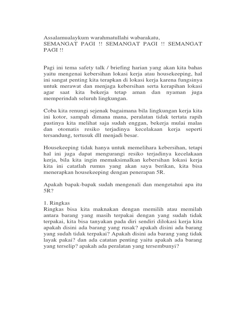 Bahan Materi Safety Talk Harian 5R | PDF