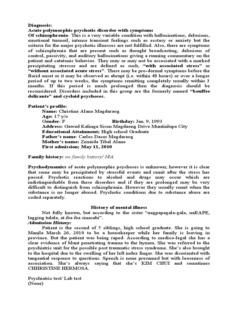 Acute Polymorphic Psychotic Disorder With Symptoms of Schizophrenia ...