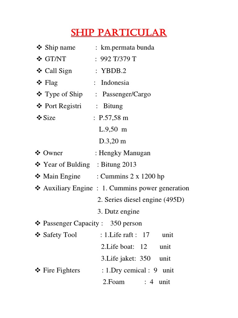 Ship Particular KM Permata Bunda | PDF