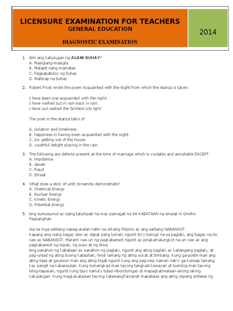Let Diagnostic Examination General Education 2014 | PDF