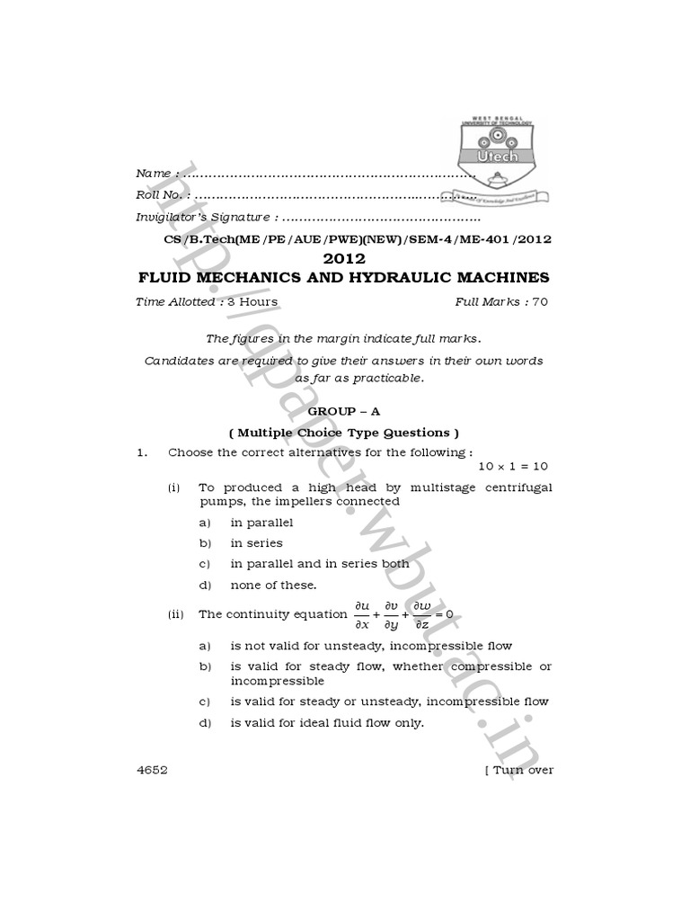 HT TP: //qpa Pe R.W But .Ac .In: 2012 Fluid Mechanics and Hydraulic Machines | PDF | Viscosity ...