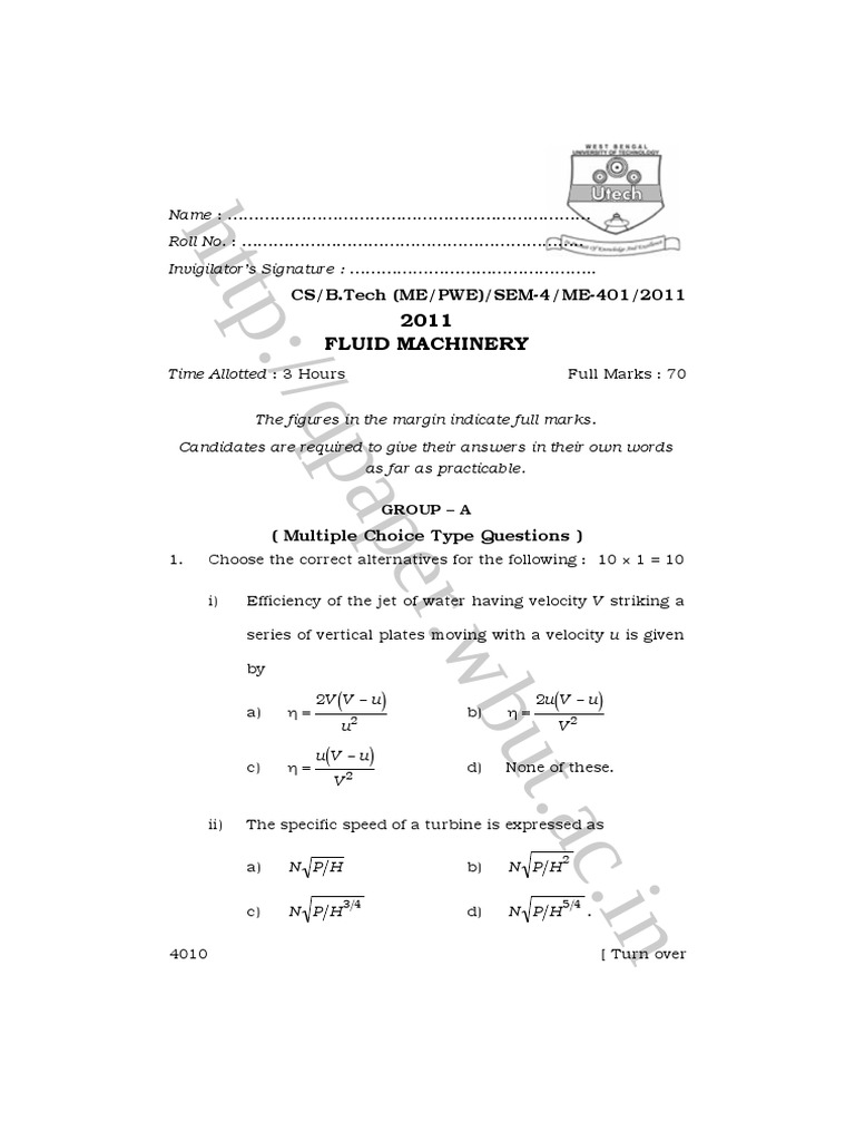 Fluid Machinery Exam Paper ME-401 | PDF | Pump | Turbine