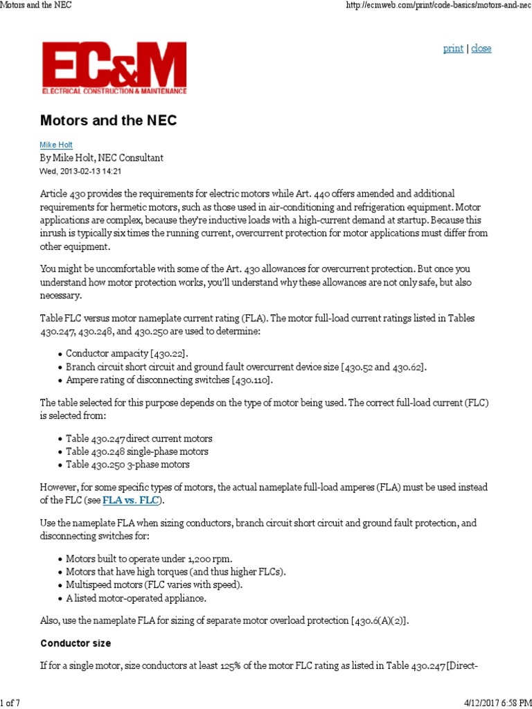 Motors and The NEC PDF | PDF | Electrical Conductor | Fuse (Electrical)
