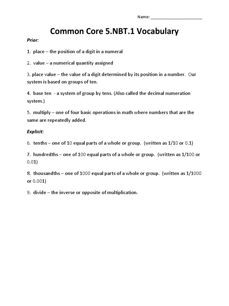Common Core 5.NBT.1 Vocabulary: Prior | PDF