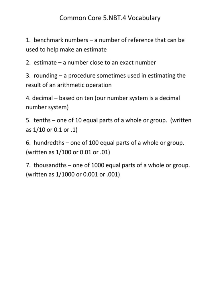 Common Core 5.NBT.4 Vocabulary Guide | PDF