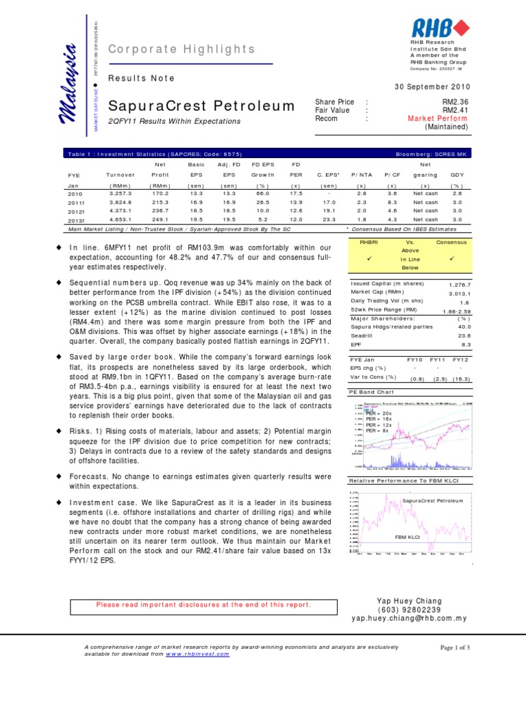 SapuraCrest Petroleum Berhad: 2QFY11 Results Within Expectations - 30 ...