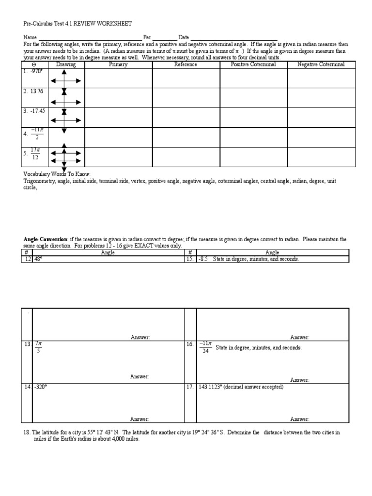 Pre-Calculus Coterminal Angles Review | PDF