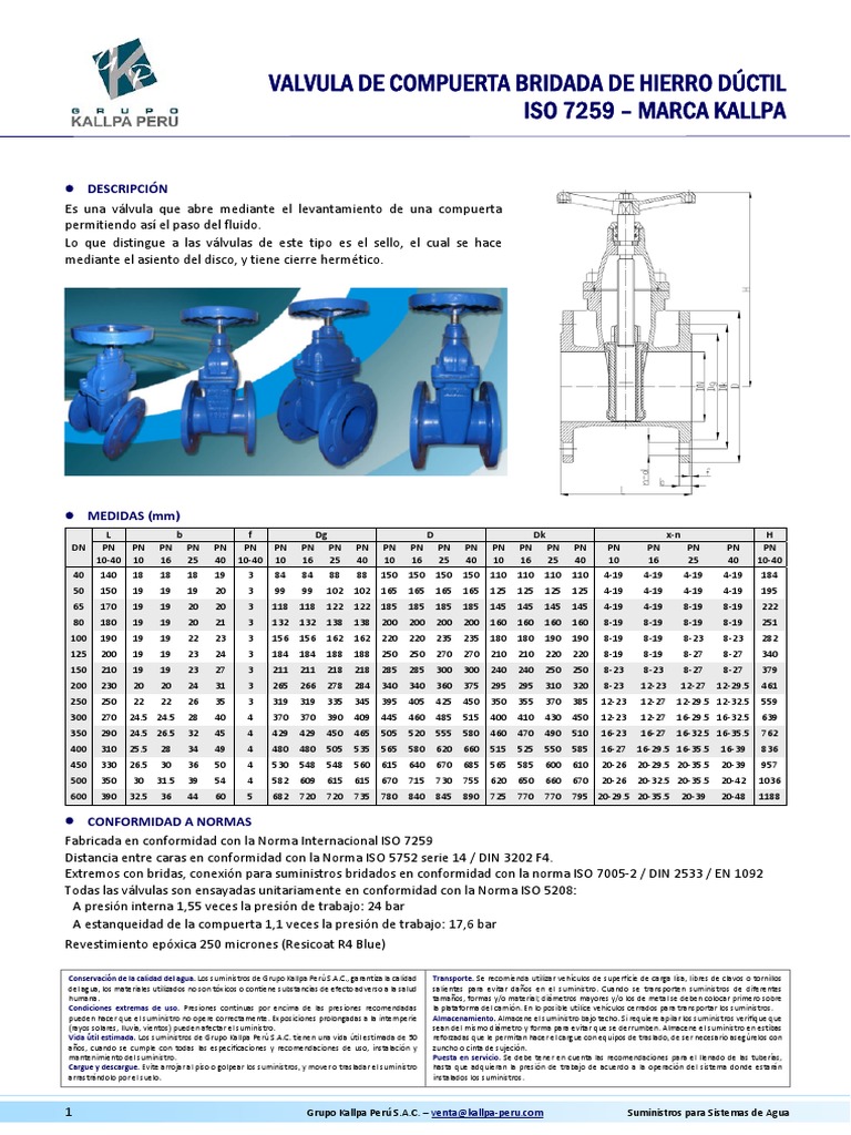 Especificaciones técnicas completas de una válvula de compuerta bridada de hierro dúctil marca ...