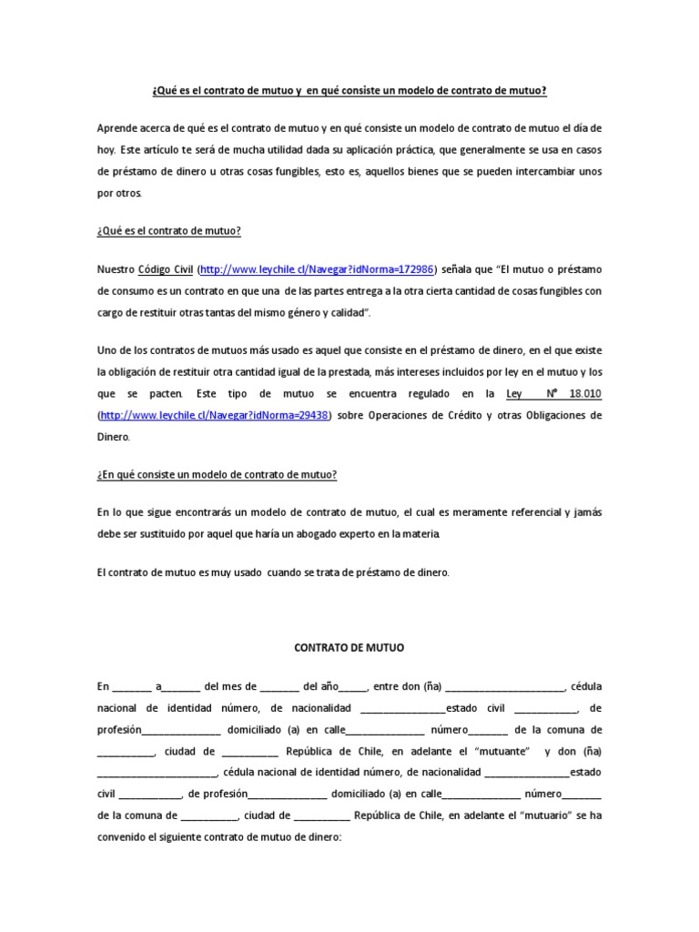 Qué Es El Contrato de Mutuo y en Qué Consiste Un Modelo de Contrato de ...