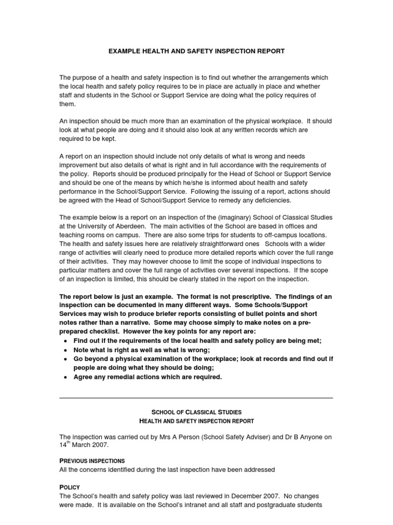 Example Inspection Report | PDF | Occupational Safety And Health | Safety