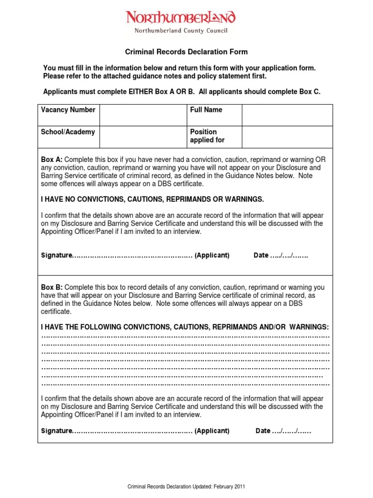 DBS Declaration Form | Download Free PDF | Criminal Record | Common Law