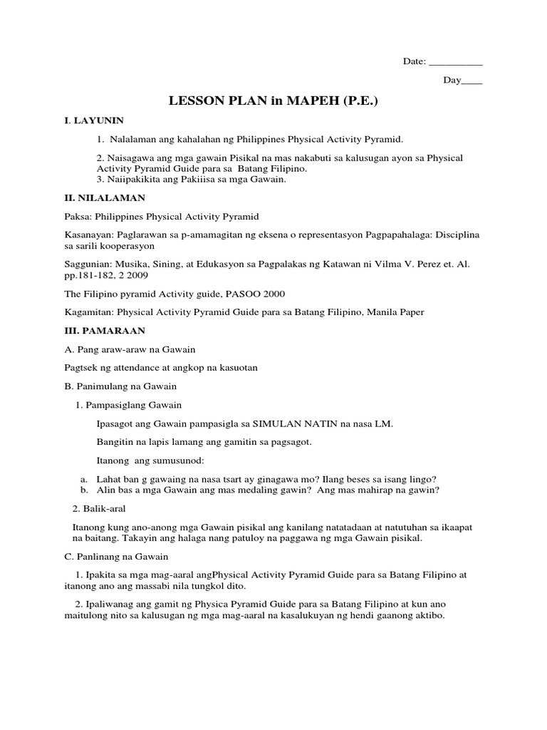 Lesson Plan in Mapeh (P.E.) : I. Layunin | PDF
