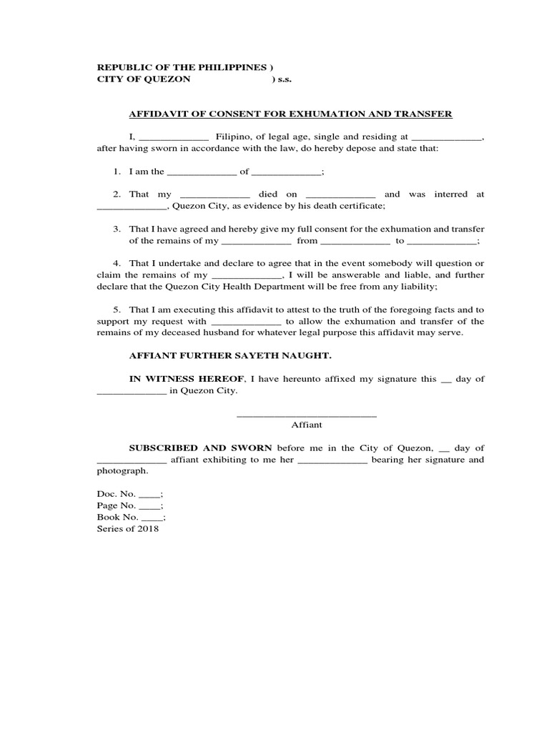 Exhumation and Transfer Consent Affidavit | PDF