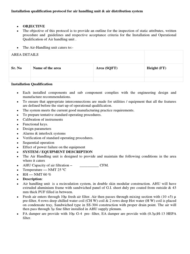 Installation Qualification Protocol For Air Handling Unit & Air ...
