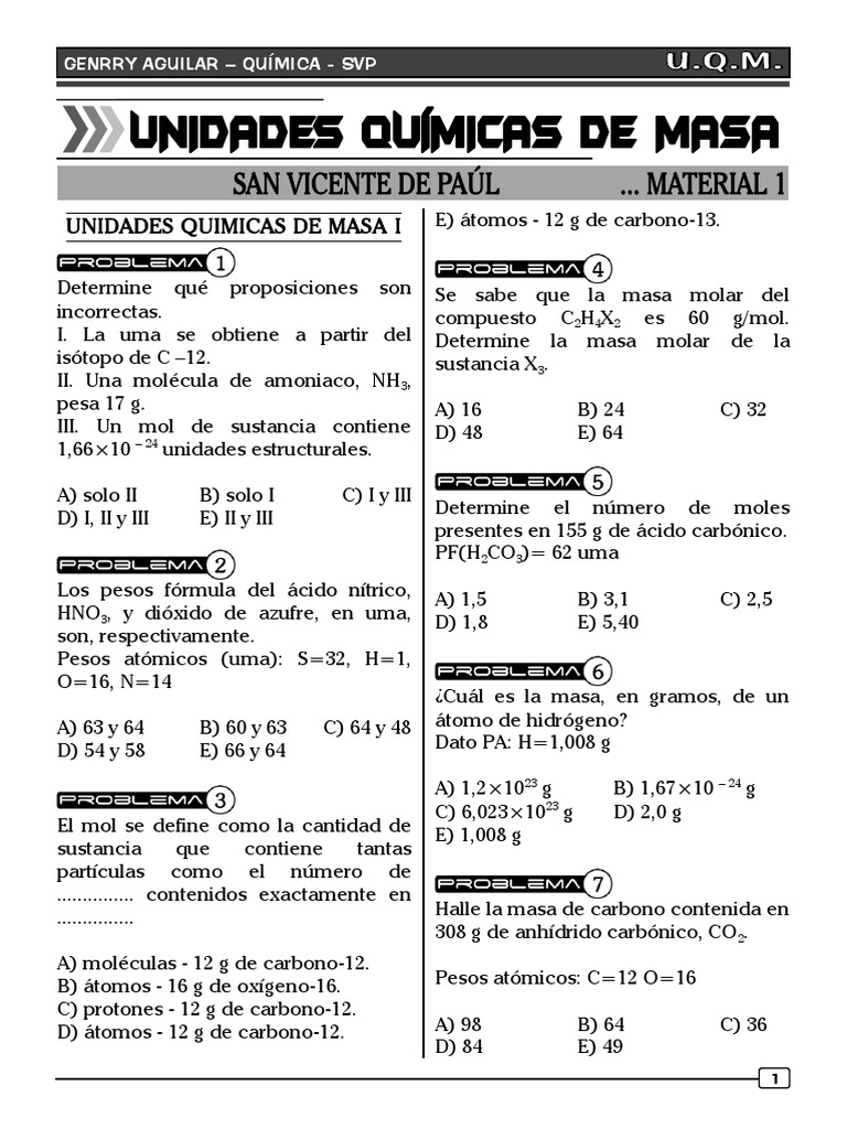 Unidades Quimicas de Masa | PDF | Mole (Unidad) | Oxígeno