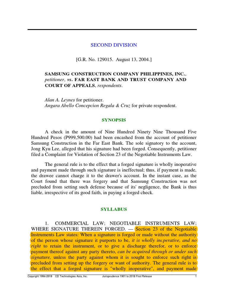 3 Samsung Construction v. Far East Bank - Forgery | PDF | Forgery | Cheque