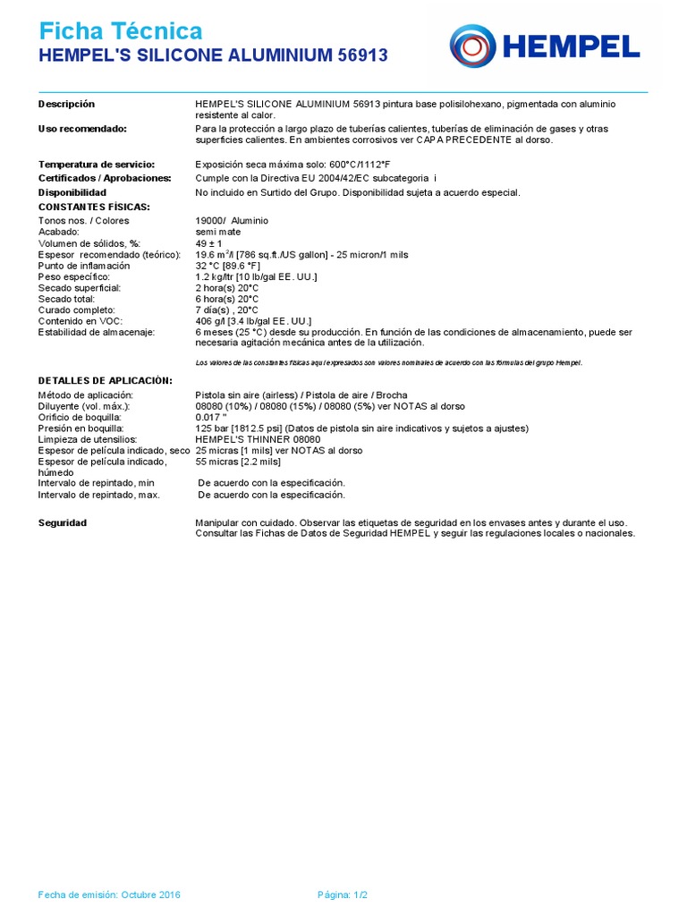 PDS HEMPEL'S SILICONE ALUMINIUM 56913 es-MX PDF | PDF | Temperatura | Agua