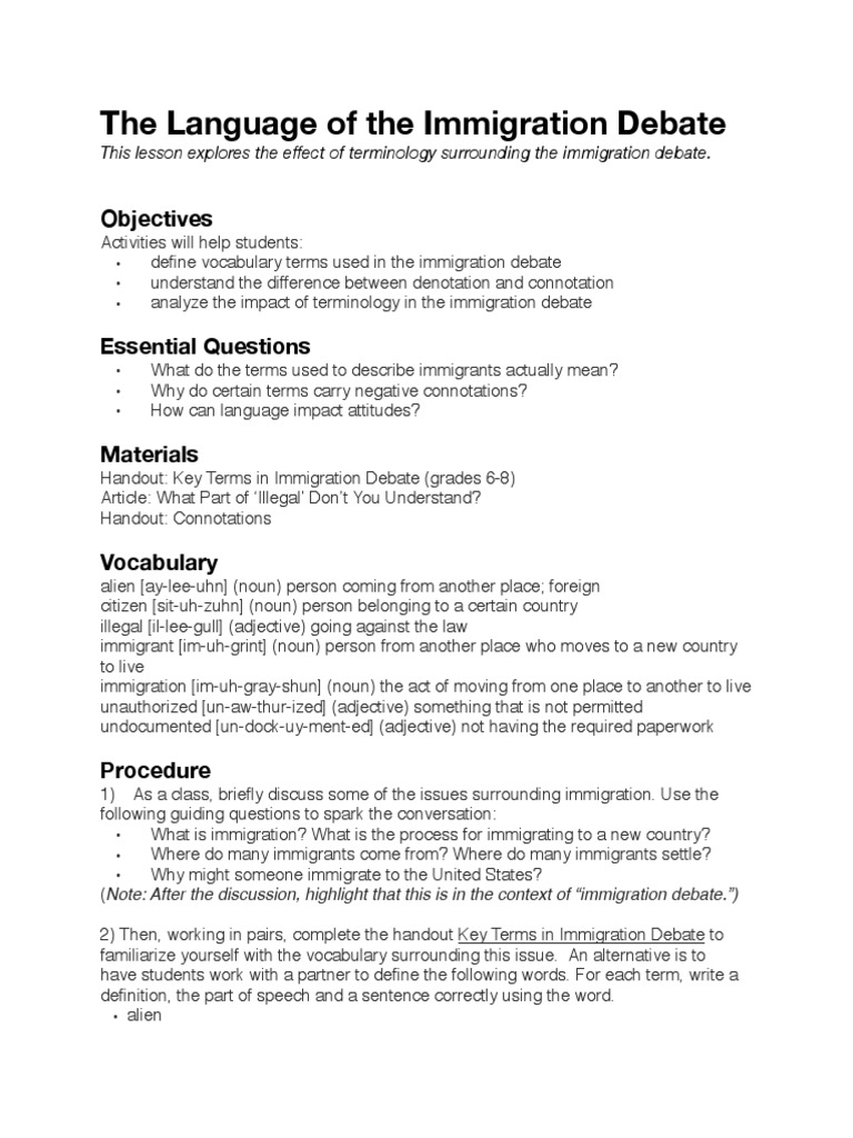 Immigration Debate Lesson Plan | PDF | Immigration | Illegal Immigration