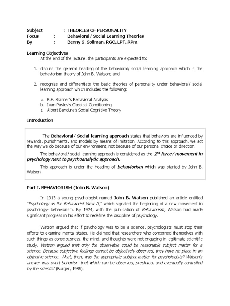 Subject: Theories of Personality Focus: Behavioral/ Social Learning ...