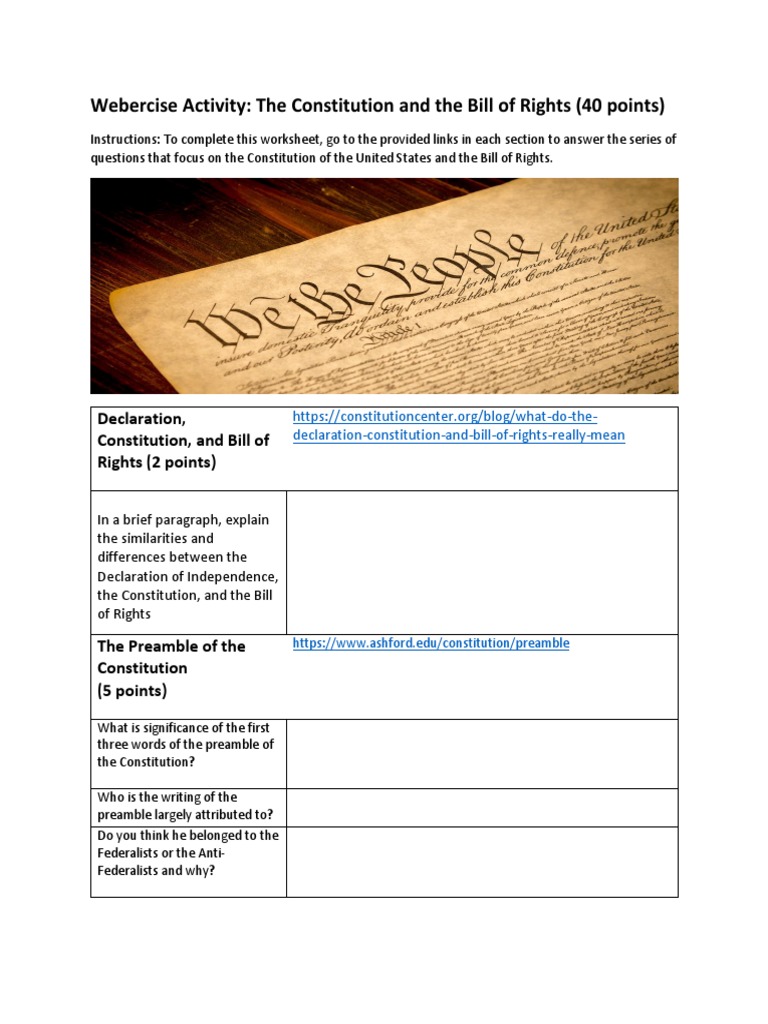 Webercise Activity: The Constitution and The Bill of Rights (40 Points ...