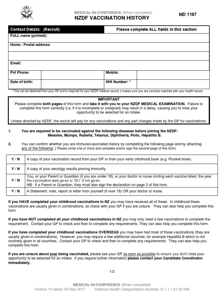 MD1187 Recruit Vaccination Form E-Version 13 | PDF | Vaccines | Public ...