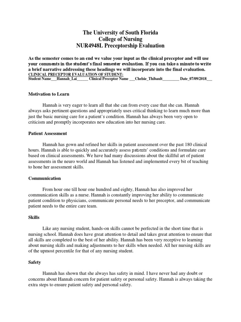 Preceptor Evaluation of Hannah Lai | PDF | Patient Safety | Nursing