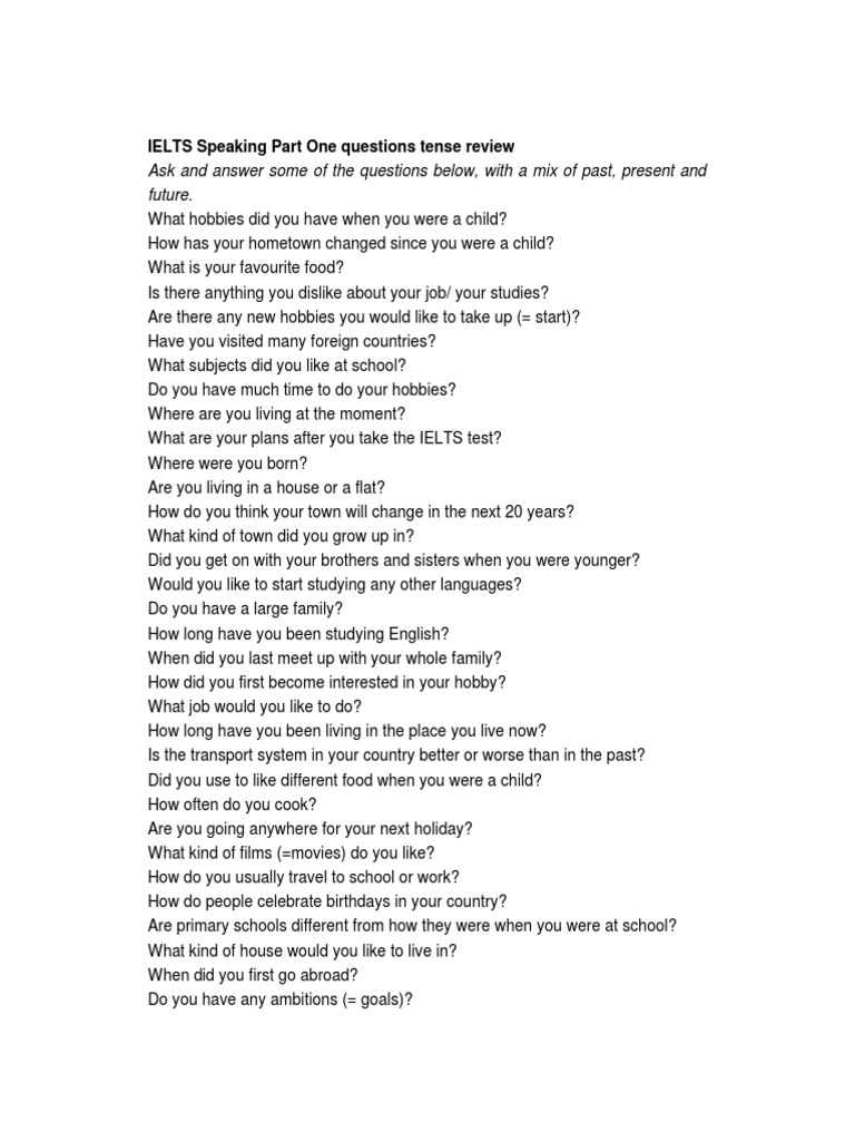 IELTS Speaking Part One Tense Practice | PDF | International English ...