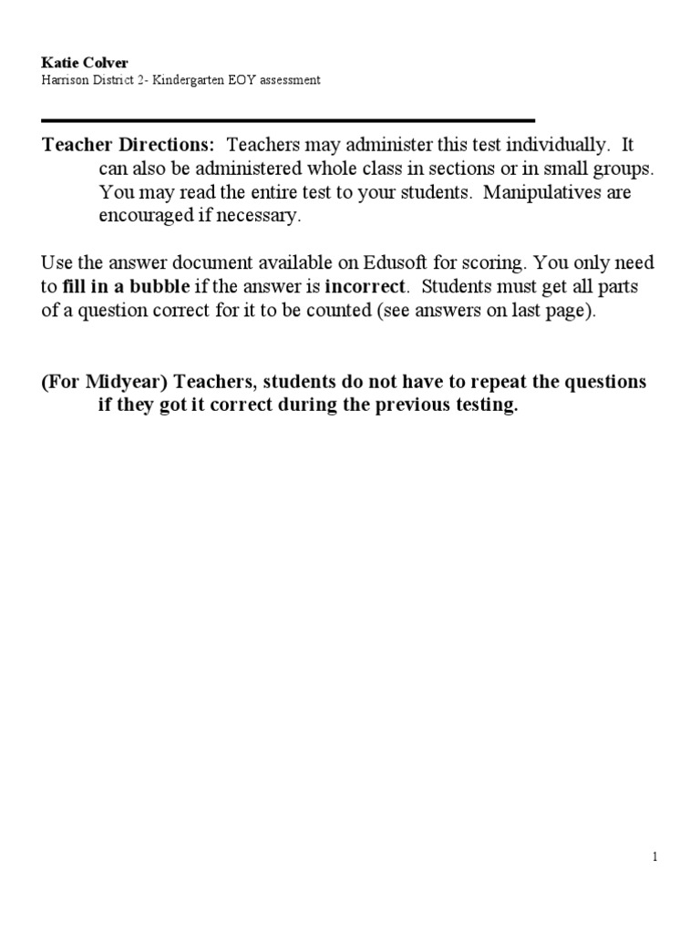 Kindergarten EOY assessment | PDF | Teaching Mathematics | Cognition